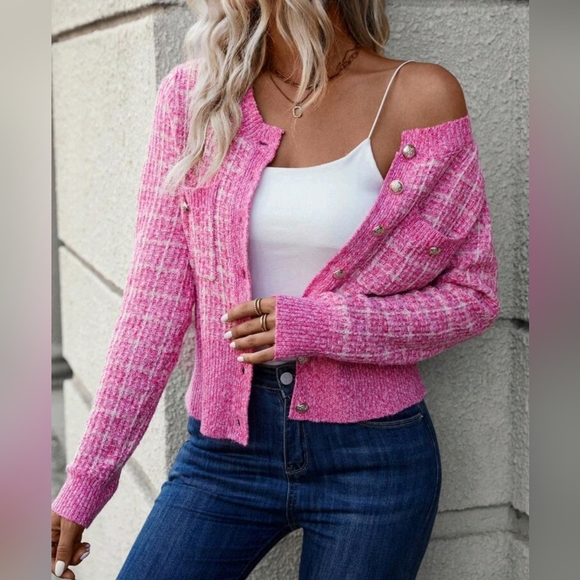 Sweaters | New Chic Plaid Tweed Knit Cardigan Sweater Hot Pink White ...
